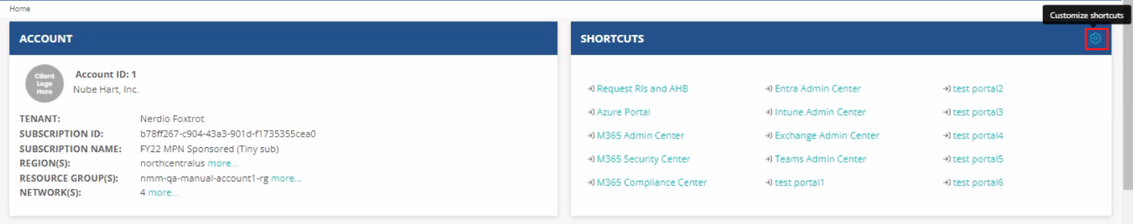 Overview of Customer Account Home Page Shortcuts – Nerdio Help Center