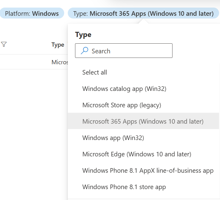 Policy management - Intune - Apps - Add support for "Microsoft 365 apps ...